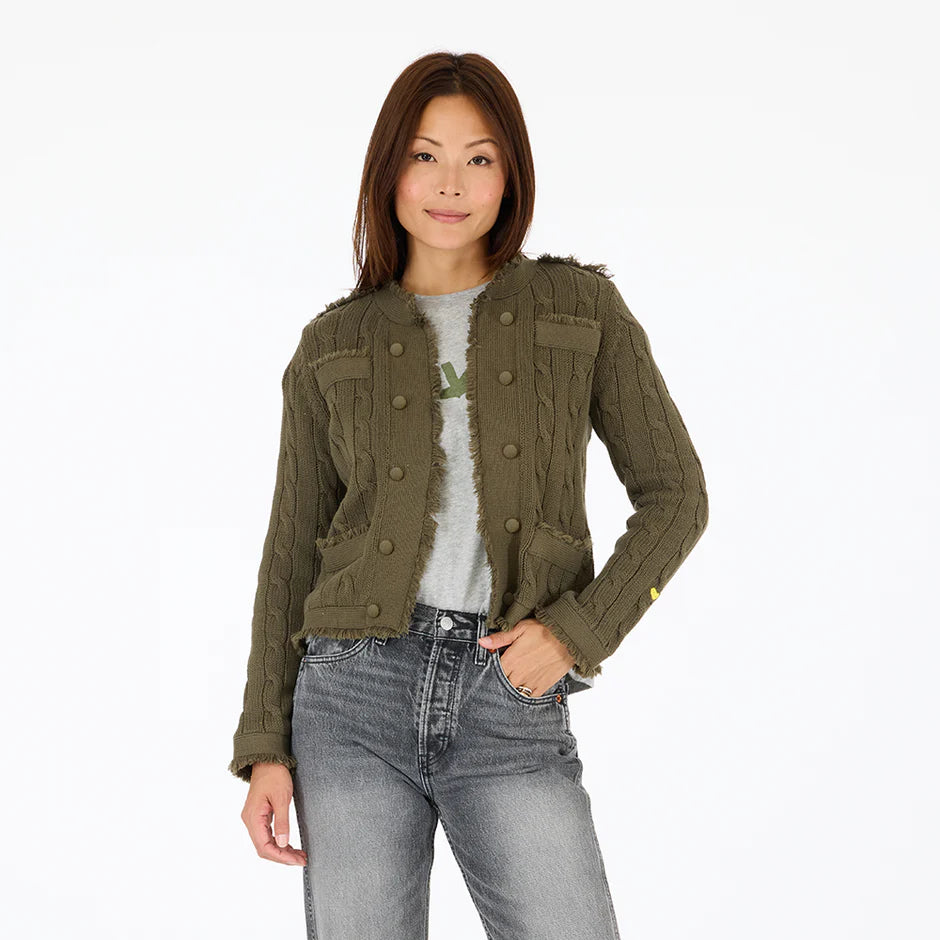 BEAU-LERO FRINGE CABLE CARDIGAN (ARMY GREEN) - KERRI ROSENTHAL – Joelle's By Ally