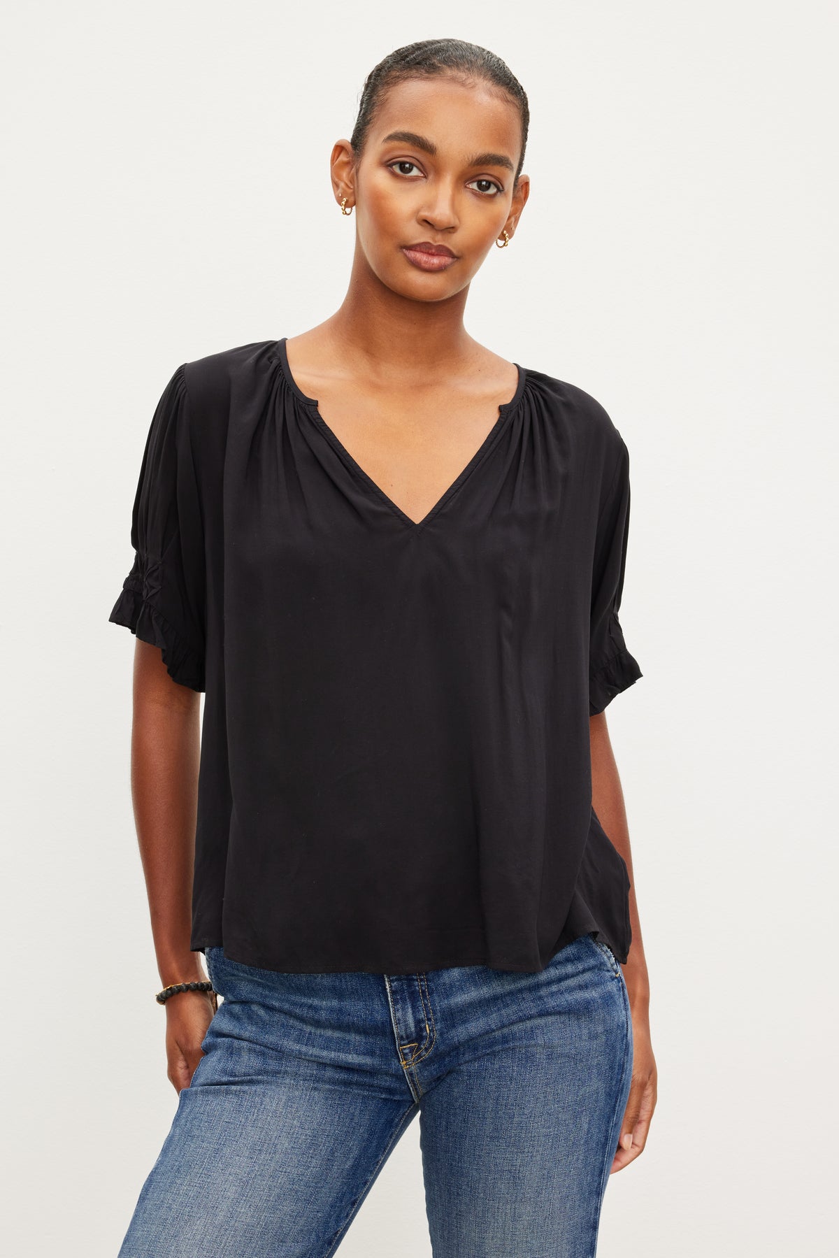 CALISSA SHORT SLEEVE RAYON CHALLIS BLOUSE - VELVET – Joelle's By Ally